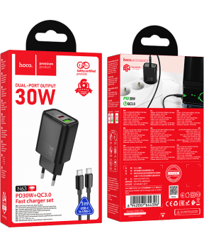 Hoco polnilec N63 PD 30W USB-A, Type C s kablom Type C - Type C - črn ...